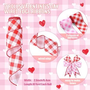 2 Rolls Valentine's Day Wired Ribbons 2.5 Inch Wide Valentine's Day Plaid Ribbons Rolls Red Pink White Diagonal Buffalo Plaid Ribbons for DIY Valentine's Day Decor Wrapping Crafts( 10 Yards)