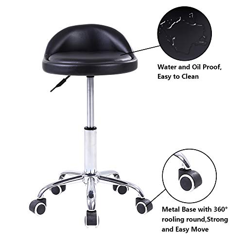 KKTONER PU Leather Round Rolling Stool with Back Rest Height Adjustable Swivel Drafting Work SPA Task Chair with Wheels Black