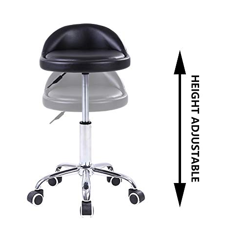 KKTONER PU Leather Round Rolling Stool with Back Rest Height Adjustable Swivel Drafting Work SPA Task Chair with Wheels Black