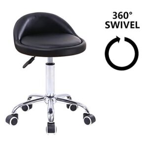 KKTONER PU Leather Round Rolling Stool with Back Rest Height Adjustable Swivel Drafting Work SPA Task Chair with Wheels Black