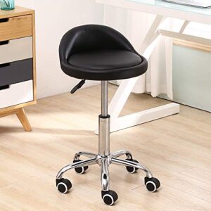 KKTONER PU Leather Round Rolling Stool with Back Rest Height Adjustable Swivel Drafting Work SPA Task Chair with Wheels Black