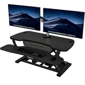 versadesk 36 inch standing desk converter, powerpro electric height adjustable desk riser for standing or sitting, with keyboard tray, built-in usb charging port, holds 80 lbs, black