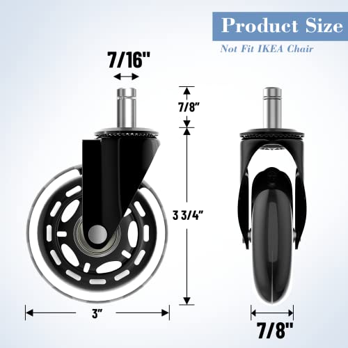 Office Chair Caster Wheels, Heavy-Duty Rubber Chair Wheels Replacement for Hardwood Floor & Carpet, Universal Fit Stem 7/16 Inch, Set of 10