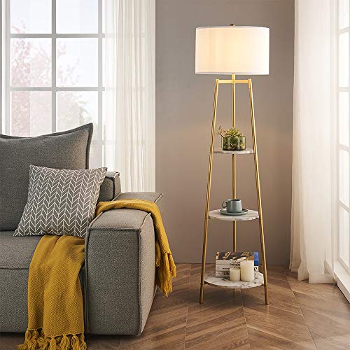 ROSEN GARDEN Floor Lamp, Standing Reading Light with Faux Marble Shelves and Fabric Shade, Modern Tall Pole, Accent Furniture Décor Lighting for Living Room, Bedrooms