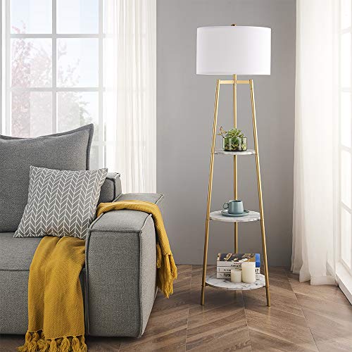 ROSEN GARDEN Floor Lamp, Standing Reading Light with Faux Marble Shelves and Fabric Shade, Modern Tall Pole, Accent Furniture Décor Lighting for Living Room, Bedrooms