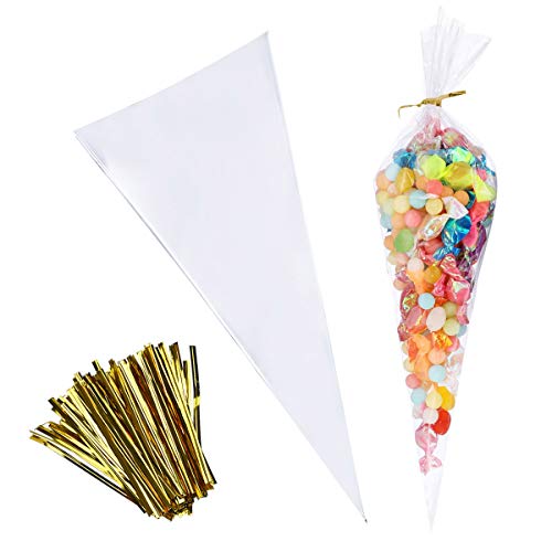 Cone Bag 100 PCS Clear Cello Treat Bags Popcorn Bags 7 by 15 Inch Triangle Goody Bags with Twist Ties for Candies Handmade Cookies (100 Large)