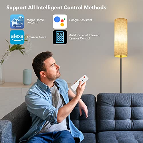 Hialotvt LED Floor Lamp for Living Room Bedroom, Smart Standing Lamp with Alexa Google Assistant App Remote Control, Tall Modern Floor Lamp with Linen Lamp Shade, 16 Million Colors Bulb Included