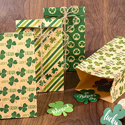 Whaline 60 Pack St. Patrick's Day Paper Gift Bags Kraft Shamrock Candy Treat Bags 6 Design Rustic Irish Flat Party Favor Bag Goodie Present Bag for Party Snack Cookie Craft Gift Wrapping Supplies