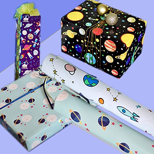 poophe Solar System Wrapping Paper, Space Gift Wrap Paper Set, 5 Pack Folded Outer Space Theme Gift Wrap for Birthday Party Decoration DIY Craft Supplies 70 X 50cm