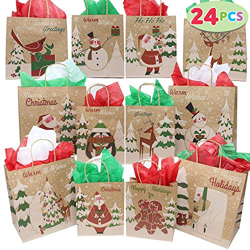 JOYIN 24 PCS Christmas Kraft Gift Bags with Assorted Christmas Prints for Kraft Holiday Gift Bags, Christmas Goody Bags, Xmas Gift Bags, School Classrooms and Party Favors (not included tissue paper)