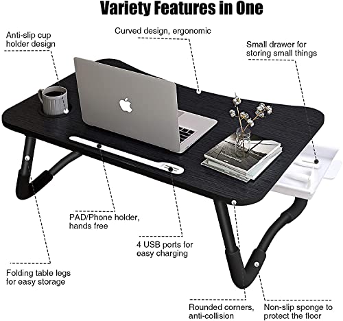 Laptop Bed Desk,Portable Foldable Laptop Lap Desk Tray Table with USB Charge Port/Cup Holder/Storage Drawer,for Bed/Couch/Sofa Working, Reading