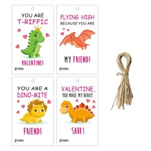 valentine’s day tags for kids – 4 styles 40 pcs dinosaur valentine’s day hanging tag with string cards – valentine’s day gift labels, gift wrapping, party gift box, decoration supplies(qrtag-04)