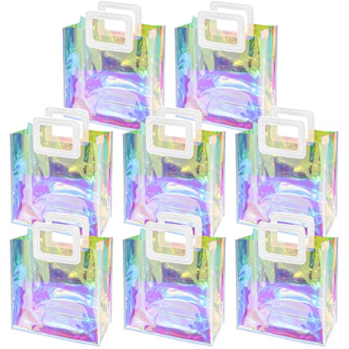 Valentine's Day Small Gift Bags Holographic Iridescent Bags, 8.3 x 8 x 4 Inch Clear Reusable Gift Tote Bags PVC Wrap Bag with Handle for Valentine's Wedding Birthday Shopping Travel Party (8 Pcs)