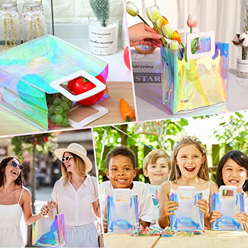 Valentine's Day Small Gift Bags Holographic Iridescent Bags, 8.3 x 8 x 4 Inch Clear Reusable Gift Tote Bags PVC Wrap Bag with Handle for Valentine's Wedding Birthday Shopping Travel Party (8 Pcs)