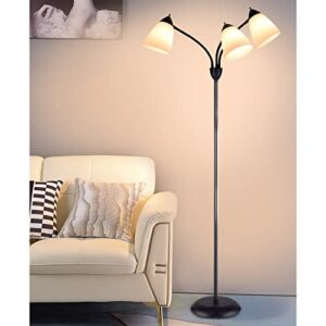 dinglilighting dllt modern reading floor lamp, 3-light with adjustable flexible gooseneck tree standing lamp for living room, bedroom, study room, office -black metal white shades, e26 base, ul