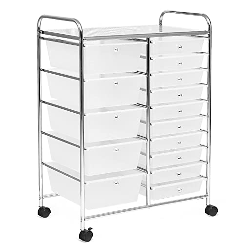 Aurcs 15-Drawer Rolling Storage Cart, Tools Scrapbook Paper Organizer w/ Removable Drawers & Universal Wheels, Multipurpose Lightweight Cart for Supermarket, School, Office, Home (Clear)