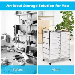 Aurcs 15-Drawer Rolling Storage Cart, Tools Scrapbook Paper Organizer w/ Removable Drawers & Universal Wheels, Multipurpose Lightweight Cart for Supermarket, School, Office, Home (Clear)