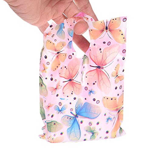 MOTZU 100 Pieces Plastic Gift Bags, Jewelry Shopping Bag with Handle, Colorful Butterfly Pattern, Birthday/Wedding/Holiday/Gift Packaging, 5.9 * 7.87 in