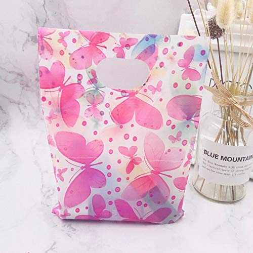 MOTZU 100 Pieces Plastic Gift Bags, Jewelry Shopping Bag with Handle, Colorful Butterfly Pattern, Birthday/Wedding/Holiday/Gift Packaging, 5.9 * 7.87 in