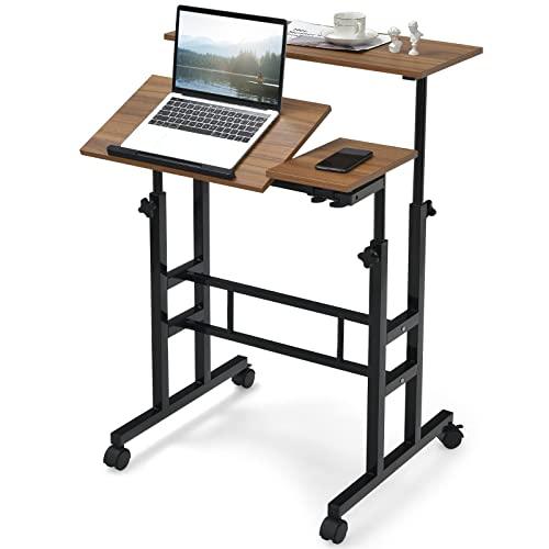 Tangkula Mobile Standing Desk Stand Up Desk, Height Adjustable Home Office Desk with Standing & Seating 2 Modes, Tilting Tabletop & Flexible Wheels, Rolling Laptop Cart Sit Stand Desk (Walnut)