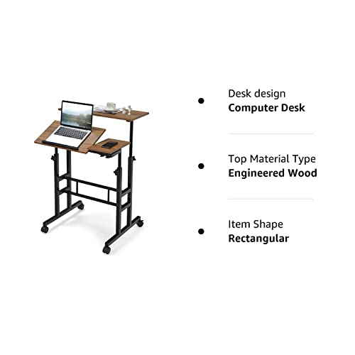 Tangkula Mobile Standing Desk Stand Up Desk, Height Adjustable Home Office Desk with Standing & Seating 2 Modes, Tilting Tabletop & Flexible Wheels, Rolling Laptop Cart Sit Stand Desk (Walnut)