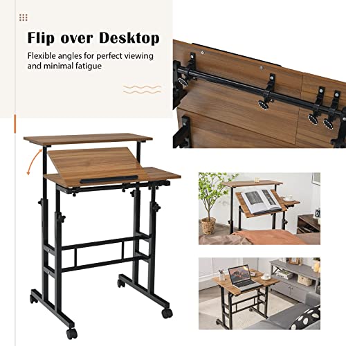 Tangkula Mobile Standing Desk Stand Up Desk, Height Adjustable Home Office Desk with Standing & Seating 2 Modes, Tilting Tabletop & Flexible Wheels, Rolling Laptop Cart Sit Stand Desk (Walnut)