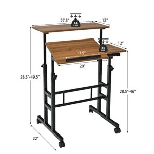 Tangkula Mobile Standing Desk Stand Up Desk, Height Adjustable Home Office Desk with Standing & Seating 2 Modes, Tilting Tabletop & Flexible Wheels, Rolling Laptop Cart Sit Stand Desk (Walnut)