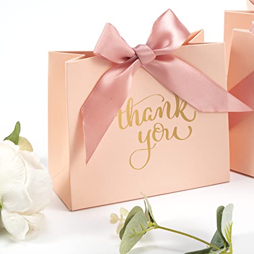 SOSFKIM Thank You Small Gift Bags 24 Pack - Mini Pink Paper Gift Bags with Ribbons, Party Favor Goodie Bags - Baby Shower Wedding Gift Bags Bulk 4.5x1.8x3.9in