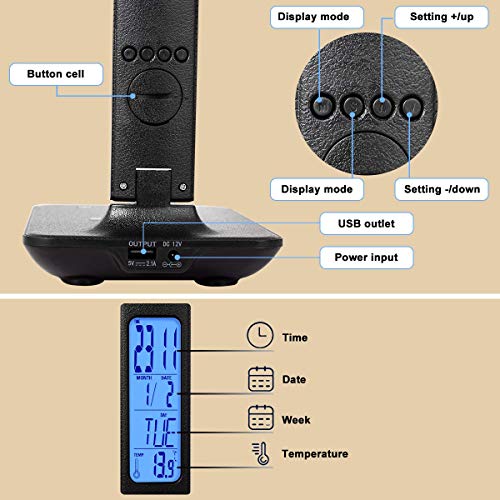 LED Desk Lamp, Desk Lamp with Wireless Charger, Suitable for Home, Office Dimmable Desk Lamp, with USB Charging Port, Built-in Clock, Calendar, Thermometer and Automatic Timing Reading Desk Lamp.