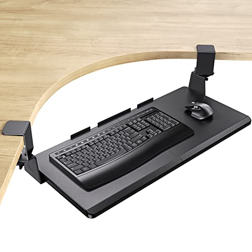 HUANUO Keyboard Tray Under Desk, Ergonomic Corner Keyboard Tray with 45° Adjustable C Clamp for L Shaped Desk, Slide Out Computer Keyboard & Mouse Tray, 27.28" W x 11.85" D, Black