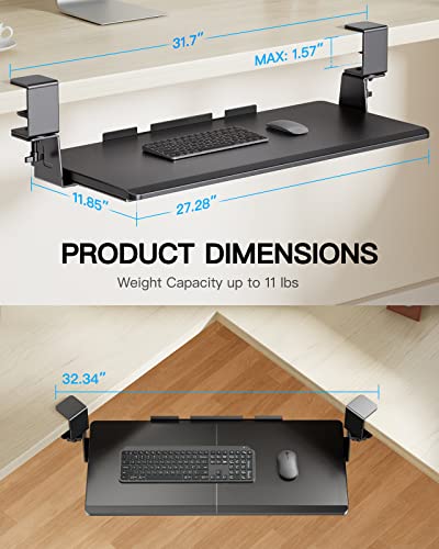 HUANUO Keyboard Tray Under Desk, Ergonomic Corner Keyboard Tray with 45° Adjustable C Clamp for L Shaped Desk, Slide Out Computer Keyboard & Mouse Tray, 27.28" W x 11.85" D, Black