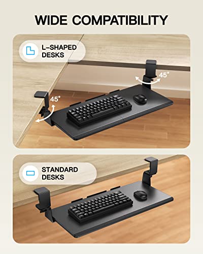 HUANUO Keyboard Tray Under Desk, Ergonomic Corner Keyboard Tray with 45° Adjustable C Clamp for L Shaped Desk, Slide Out Computer Keyboard & Mouse Tray, 27.28" W x 11.85" D, Black