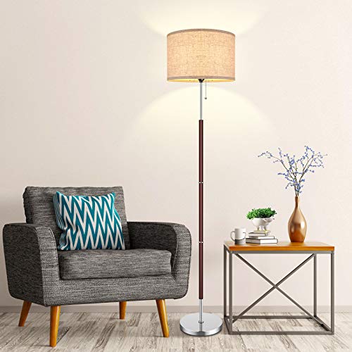 Modern Floor Lamp for Bedroom - Stand Up Reading Lamps for Living Room, Contemporary Office Lighting with Beige Drum Fabric Shade, Farmhouse Pole Lamp, Corner Tall Standing Lamp Kids-Pull Chain