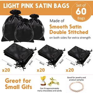 60 Pack Satin Bags Black Silk Bags with Drawstring Jewelry Gift Bags Drawstring Pouch Wedding Favor Drawstring Bags Baby Shower Christmas Gift Bags, 3 x 4", 4 x 6" and 6 x 8''