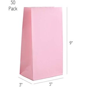 Party Favor Bag - 50 Pack Baby Pink Paper Food Grade Kraft Lunch Gift Bags for Princess 1st Birthday, Easter or Baby Shower - 5"x3"x9"