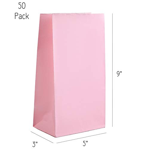 Party Favor Bag - 50 Pack Baby Pink Paper Food Grade Kraft Lunch Gift Bags for Princess 1st Birthday, Easter or Baby Shower - 5"x3"x9"