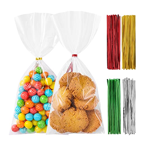 Nistar 200PCS 4x9 Inch Cookie Bags With Twist Ties, Cello Treat Bags Party Favor Bags Clear Cellophane Bags Small Candy Cookie Bags Plastic Goodie Bags for DonutsBakery,Birthday,Wedding,Gift Wrapping