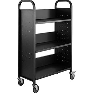 VEVOR Book Cart, 200lbs Library Cart, 30x14x49 Inch Rolling Book Cart Single Sided L-Shaped Flat Shelves with 4 Inch Lockable Wheels for Home Shelves Office and School Book Truck in Black