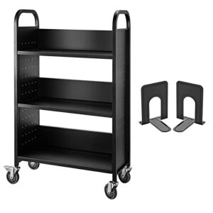 VEVOR Book Cart, 200lbs Library Cart, 30x14x49 Inch Rolling Book Cart Single Sided L-Shaped Flat Shelves with 4 Inch Lockable Wheels for Home Shelves Office and School Book Truck in Black