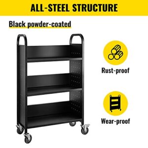 VEVOR Book Cart, 200lbs Library Cart, 30x14x49 Inch Rolling Book Cart Single Sided L-Shaped Flat Shelves with 4 Inch Lockable Wheels for Home Shelves Office and School Book Truck in Black