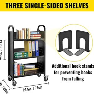 VEVOR Book Cart, 200lbs Library Cart, 30x14x49 Inch Rolling Book Cart Single Sided L-Shaped Flat Shelves with 4 Inch Lockable Wheels for Home Shelves Office and School Book Truck in Black