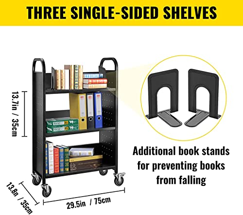 VEVOR Book Cart, 200lbs Library Cart, 30x14x49 Inch Rolling Book Cart Single Sided L-Shaped Flat Shelves with 4 Inch Lockable Wheels for Home Shelves Office and School Book Truck in Black