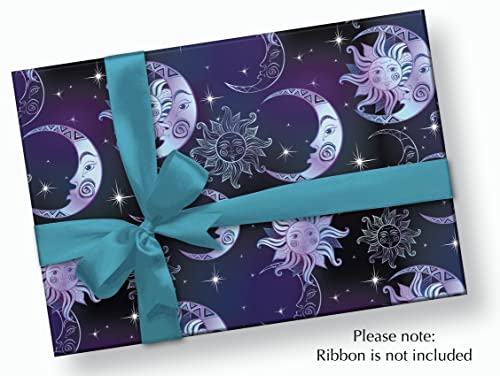 Celestial Sun Moon Stars Wrapping Paper - Folded Flat 30 x 20 Inch (3 Sheets)