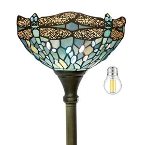 werfactory tiffany floor lamp sea blue stained glass dragonfly light 12x12x66 inches pole torchiere standing corner torch uplight decor bedroom living room home office s147 series