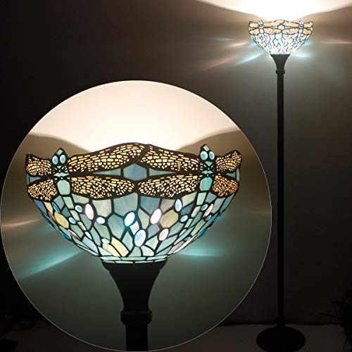 WERFACTORY Tiffany Floor Lamp Sea Blue Stained Glass Dragonfly Light 12X12X66 Inches Pole Torchiere Standing Corner Torch Uplight Decor Bedroom Living Room Home Office S147 Series