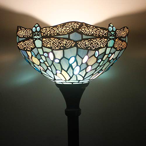 WERFACTORY Tiffany Floor Lamp Sea Blue Stained Glass Dragonfly Light 12X12X66 Inches Pole Torchiere Standing Corner Torch Uplight Decor Bedroom Living Room Home Office S147 Series