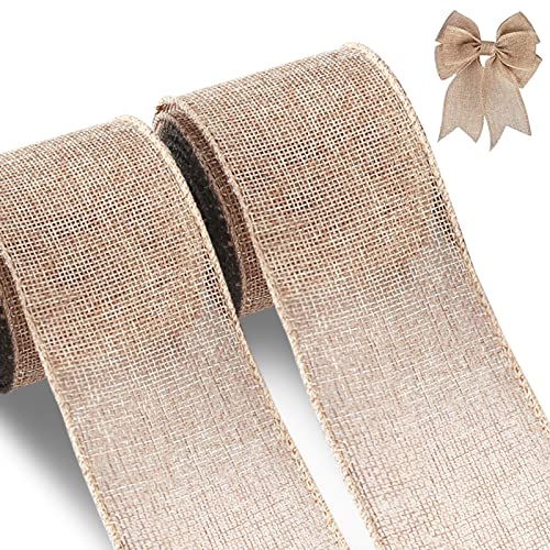 Christmas Burlap Wired Edge Ribbon for Gift Wrapping Christmas Trees Decorations Crafts Making, 2 Rolls, 2.5 Inch x 6 Yards