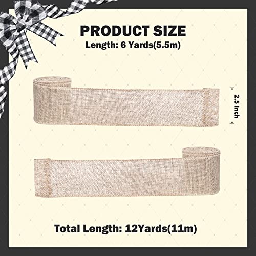 Christmas Burlap Wired Edge Ribbon for Gift Wrapping Christmas Trees Decorations Crafts Making, 2 Rolls, 2.5 Inch x 6 Yards