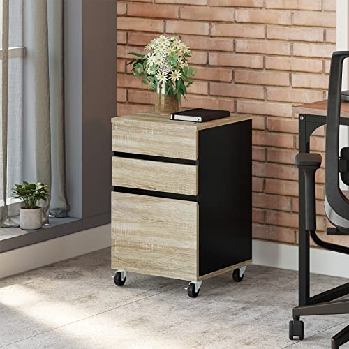 YITAHOME 3 Drawer Mobile File Cabinet, Wood Filing Cabinet for Home Office Fits A4 or Letter Size, Under Desk Rolling Storage Cabinet with Wheels, Oak