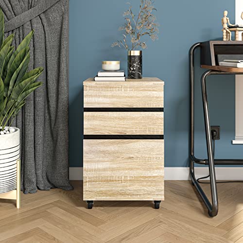 YITAHOME 3 Drawer Mobile File Cabinet, Wood Filing Cabinet for Home Office Fits A4 or Letter Size, Under Desk Rolling Storage Cabinet with Wheels, Oak